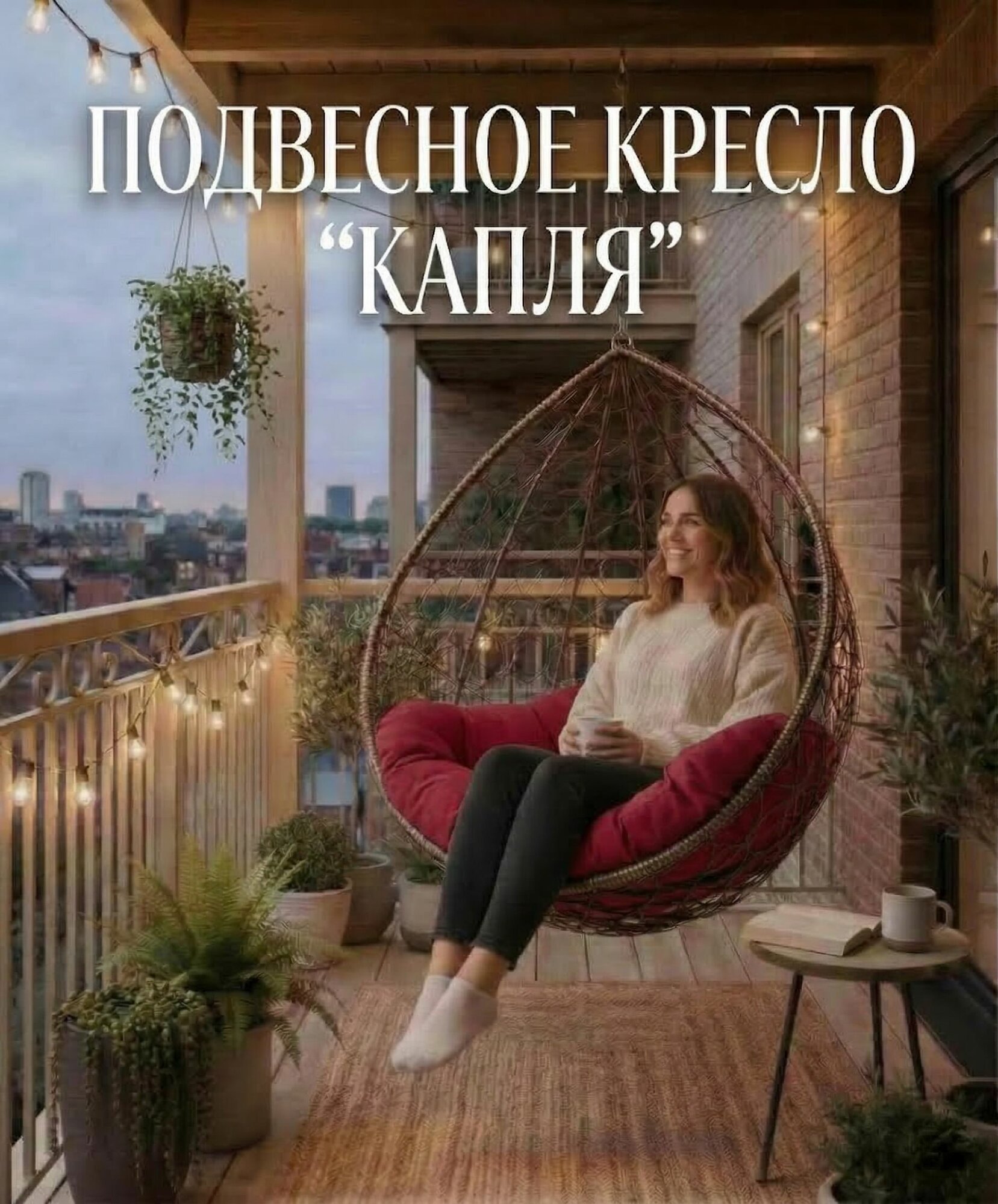 Подвесное кресло "Капля" без стойки, коричневое с бордовой подушкой, + цепь 2м