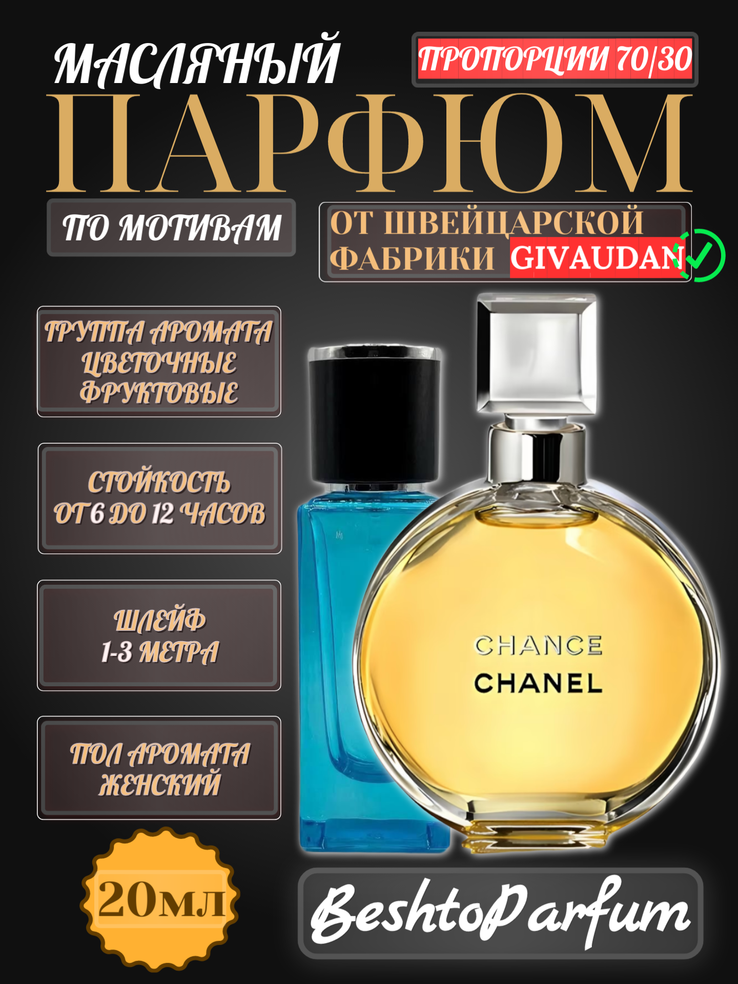 Масляные духи по мотивам Chanel Chance — стойкий цветочный женский аромат / 20мл