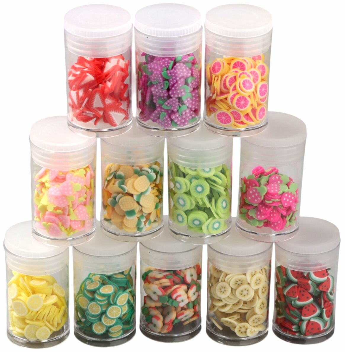 Декор для творчества "Фруктики и камешки" в банке, набор декоративных элементов из полимерной глины для рукоделия и поделок, в комплекте 12 шт, 13.4 х 8.8 х 3 см