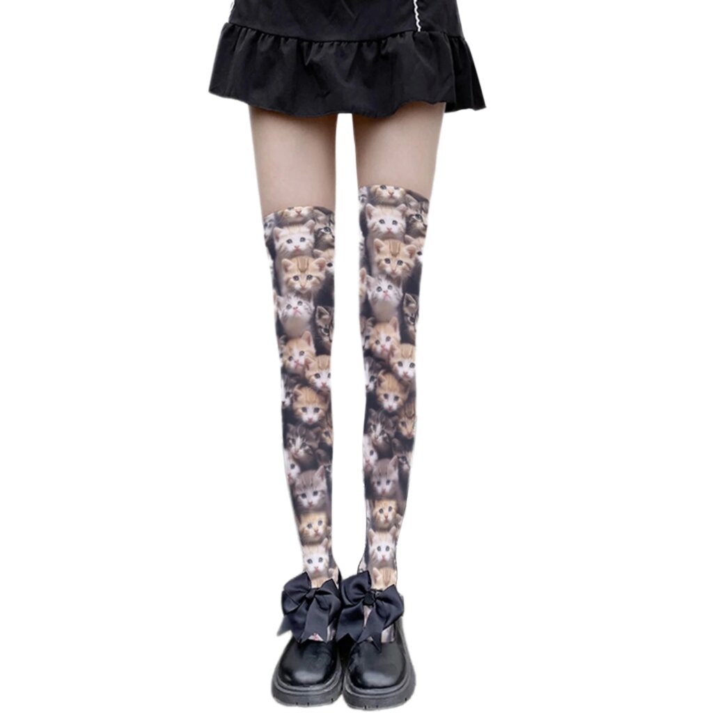 Женские Гольфы Выше Колена, Носки-Трубки, Гольфы-Гольфы, Шелковые Чулки С Принтом Кошек, Аксессуары Для Эротических Костюмов