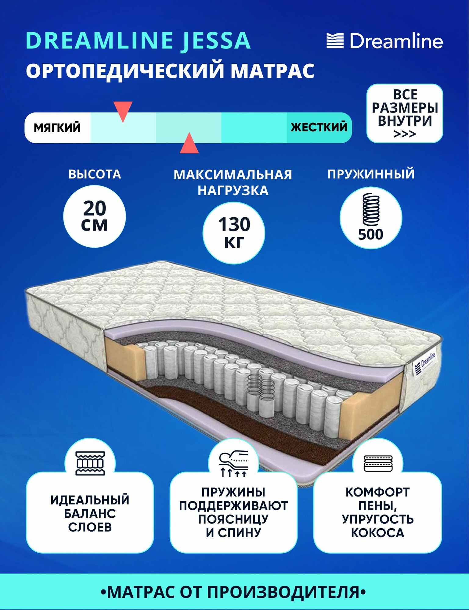 Матрас Dreamline Jessa 70х185 серии Lux высота 20 см анатомический средней жесткости кокосовый Независимые пружины