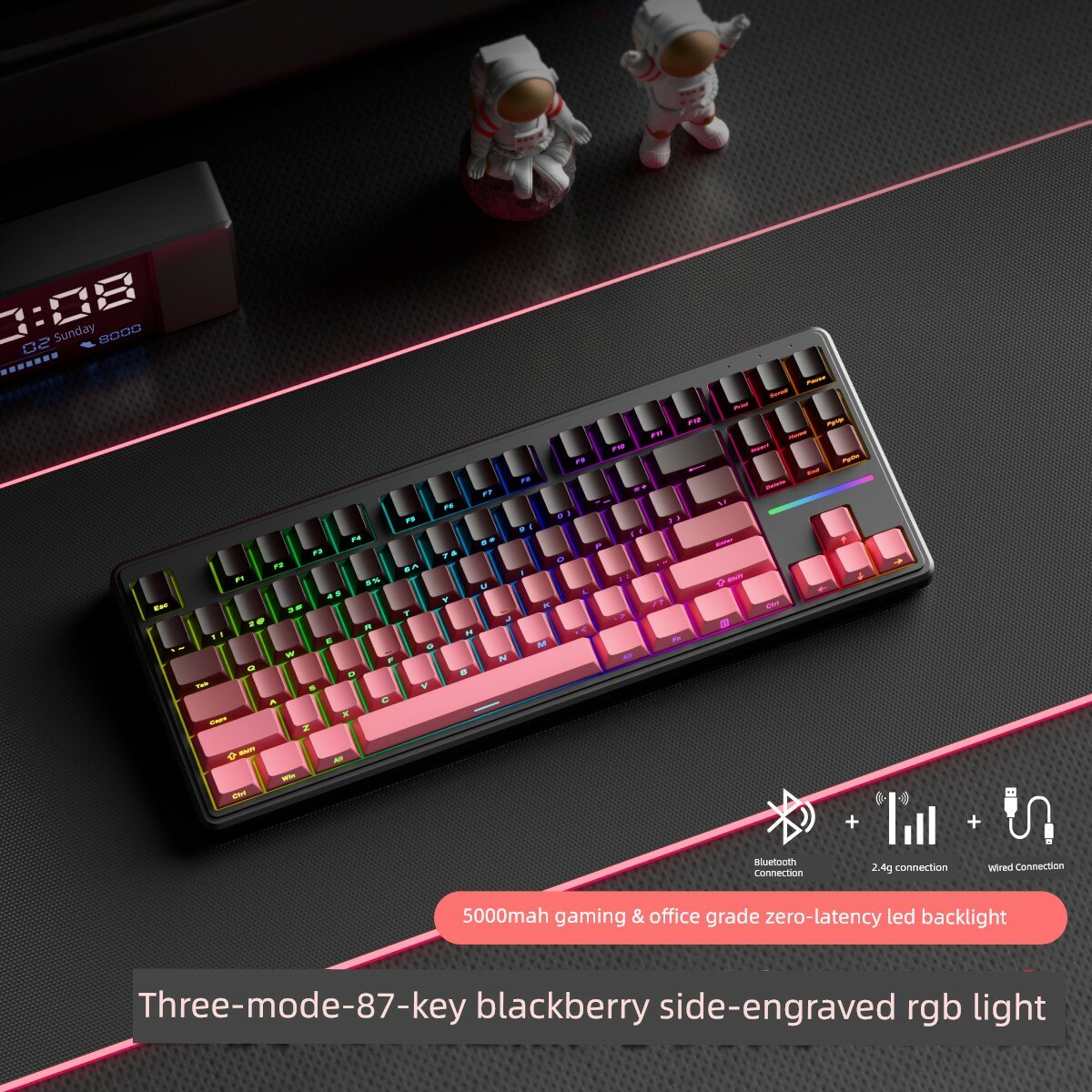 V80 Механическая Клавиатура 3-Режимная RGB 87 Клавиш Боковая Гравировка 5000 мАч Батарея Розово-Малиновый