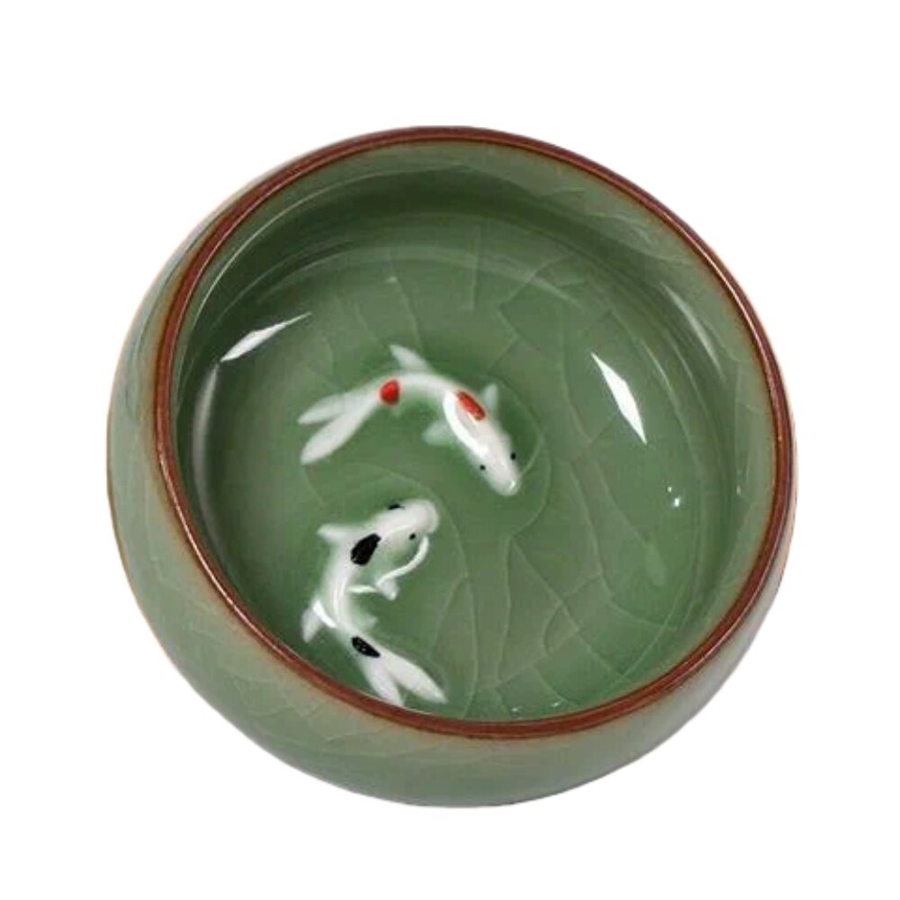 Чашка Longquan China "Рыбы", фаянс, ручная работа, без ручки, темно-зеленая