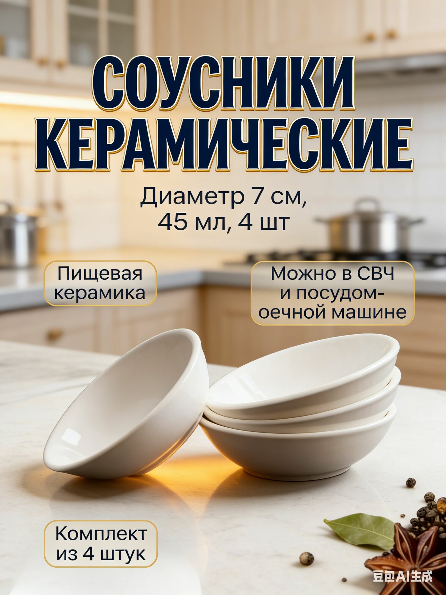 Набор соусников керамических 4 шт по 45 мл, белые розетки для соуса, варенья и специй, диаметр 7 см