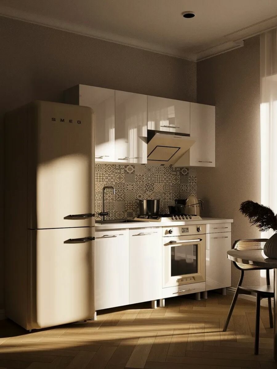 Кухонный гарнитур (кухня) Танго 1.8м с окапом и модулем под духовой шкаф, МДФ фасад Белый , корпус белый с текстурой древесные поры ЛДСП, со столешницей Антарес 26 мм, 1800х2160х600 тэкс