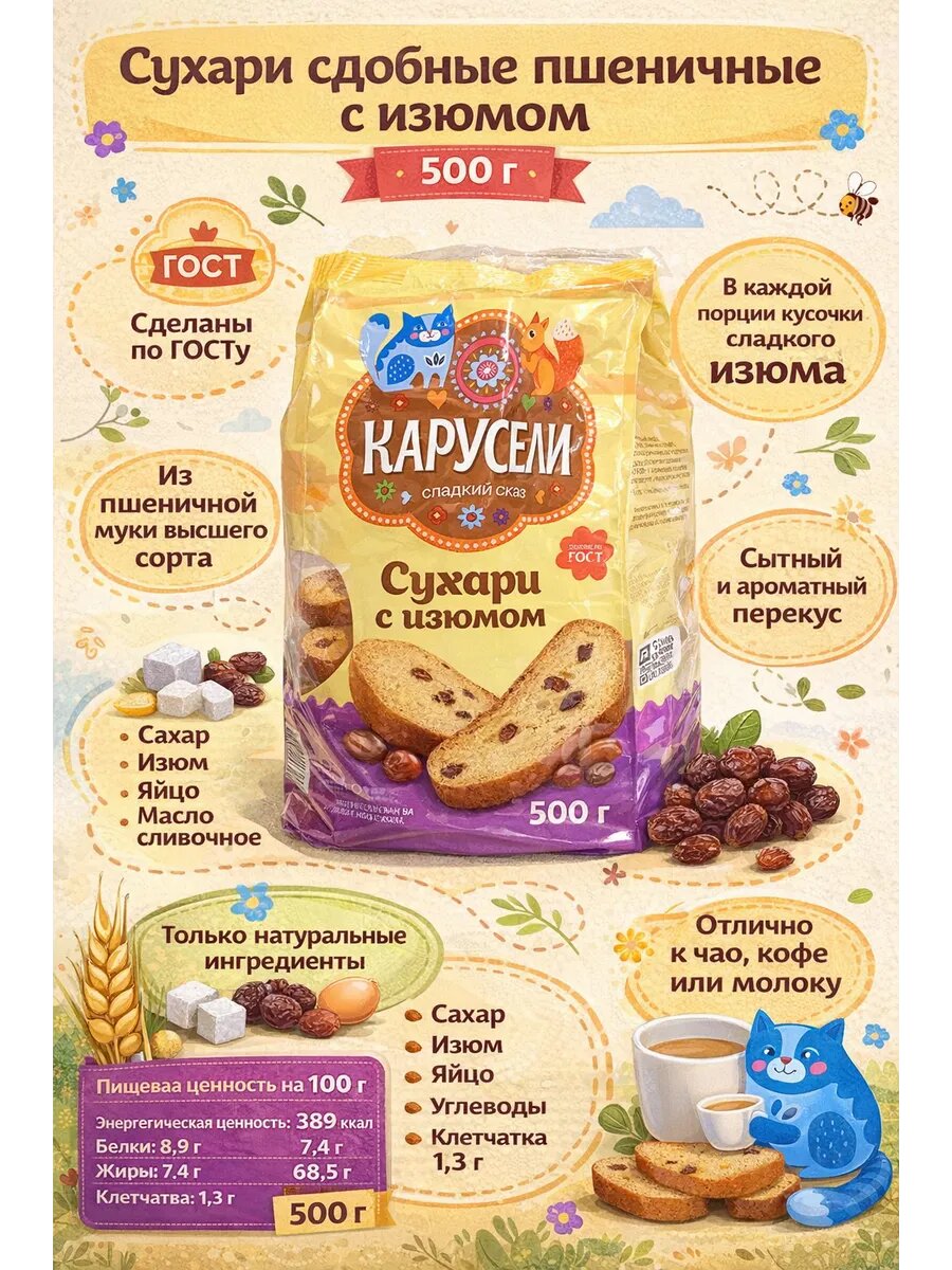 Сухари сдобные пшеничные с изюмом 500 г