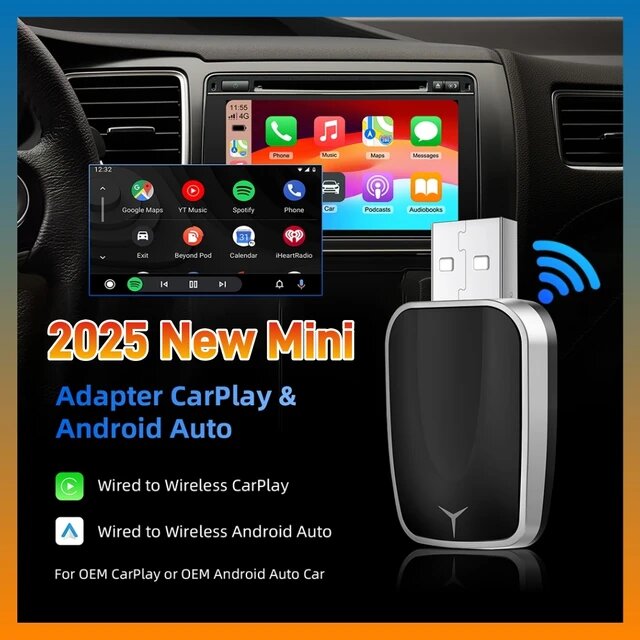 Универсальный мини-адаптер AI Box 2-в-1, проводной, совместимый с CarPlay и Android Auto (99% моделей автомобилей), подключаемый по принципу Plug-and-Play, интеллектуальный Wi-Fi адаптер.