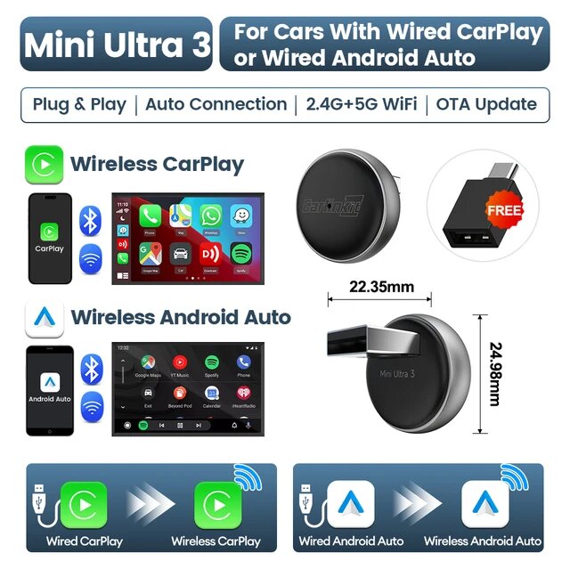 Мини-адаптер Mini Ultra 3 CarlinKit Wireless Android Auto & CarPlay с поддержкой Wi-Fi 2,4 ГГц и 5 ГГц, BLE, автоматическим подключением и обновлением по воздуху (OTA). Мини-умный автомобильный бокс.