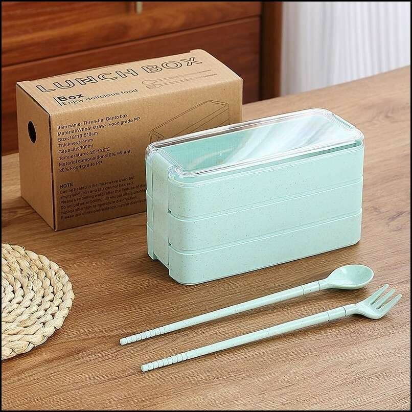 Контейнер для еды розовый, зелёный 3 слоя по 300 мл, герметичный ланчбокс с приборами, пшеничная солома, для микроволновки, школьный и офисный обеденный бокс