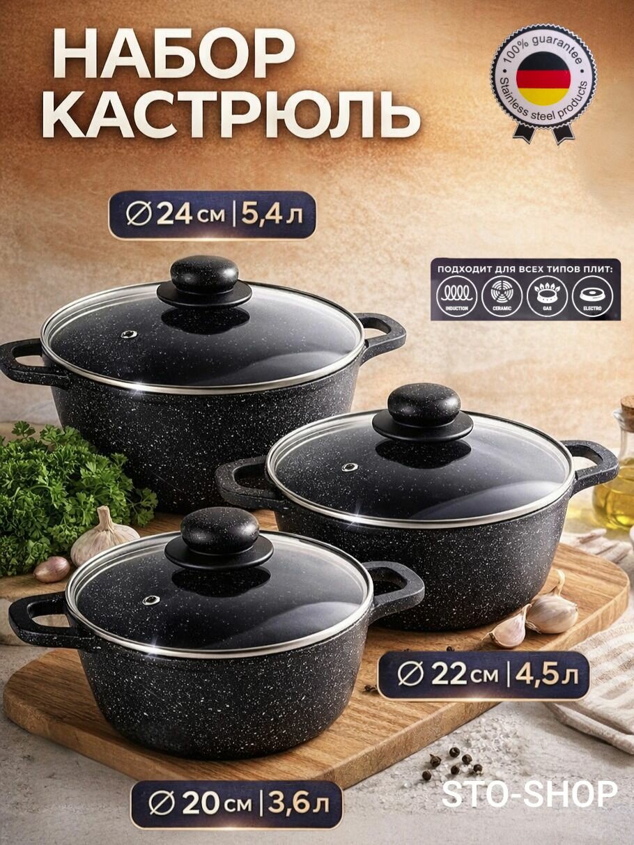 Набор кастрюль с крышкой с антипригарным покрытием из литого алюминия 3.6 л 4.5 л 5.4 л