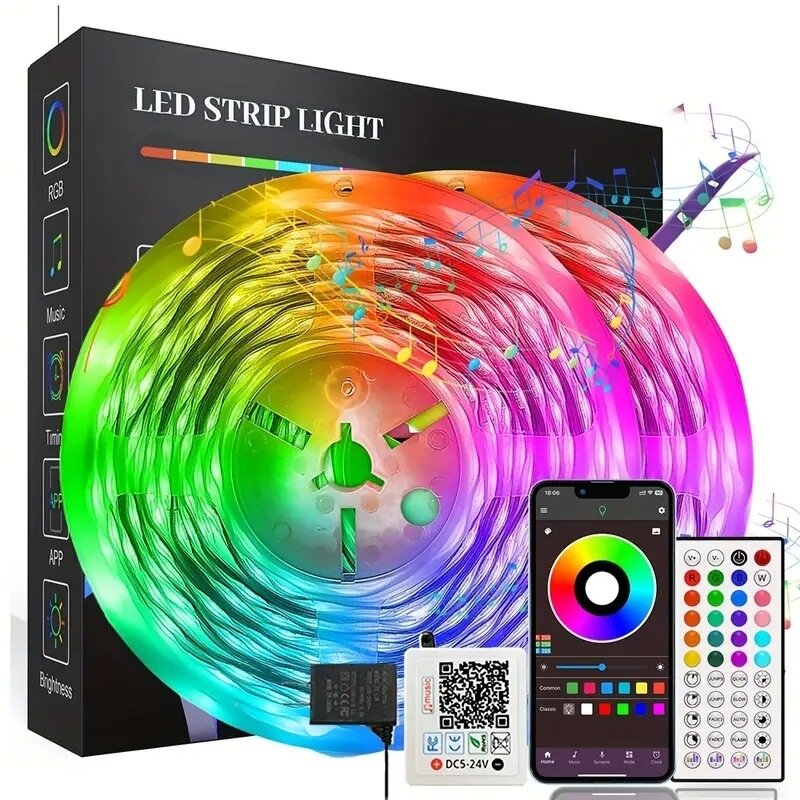 5м RGB светодиодная лента с блоком питания 24В, Bluetooth-контроллером, 16 светодиодов/м, самоклеящаяся