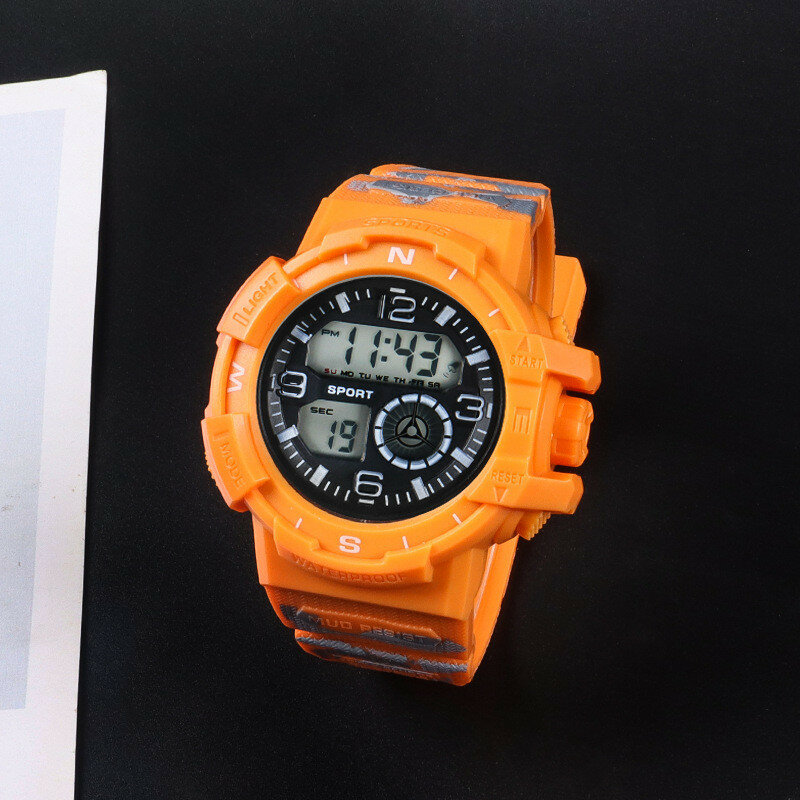 Детские водонепроницаемые цифровые спортивные часы с подсветкой и секундомером для подростков и активного отдыха оранжевый