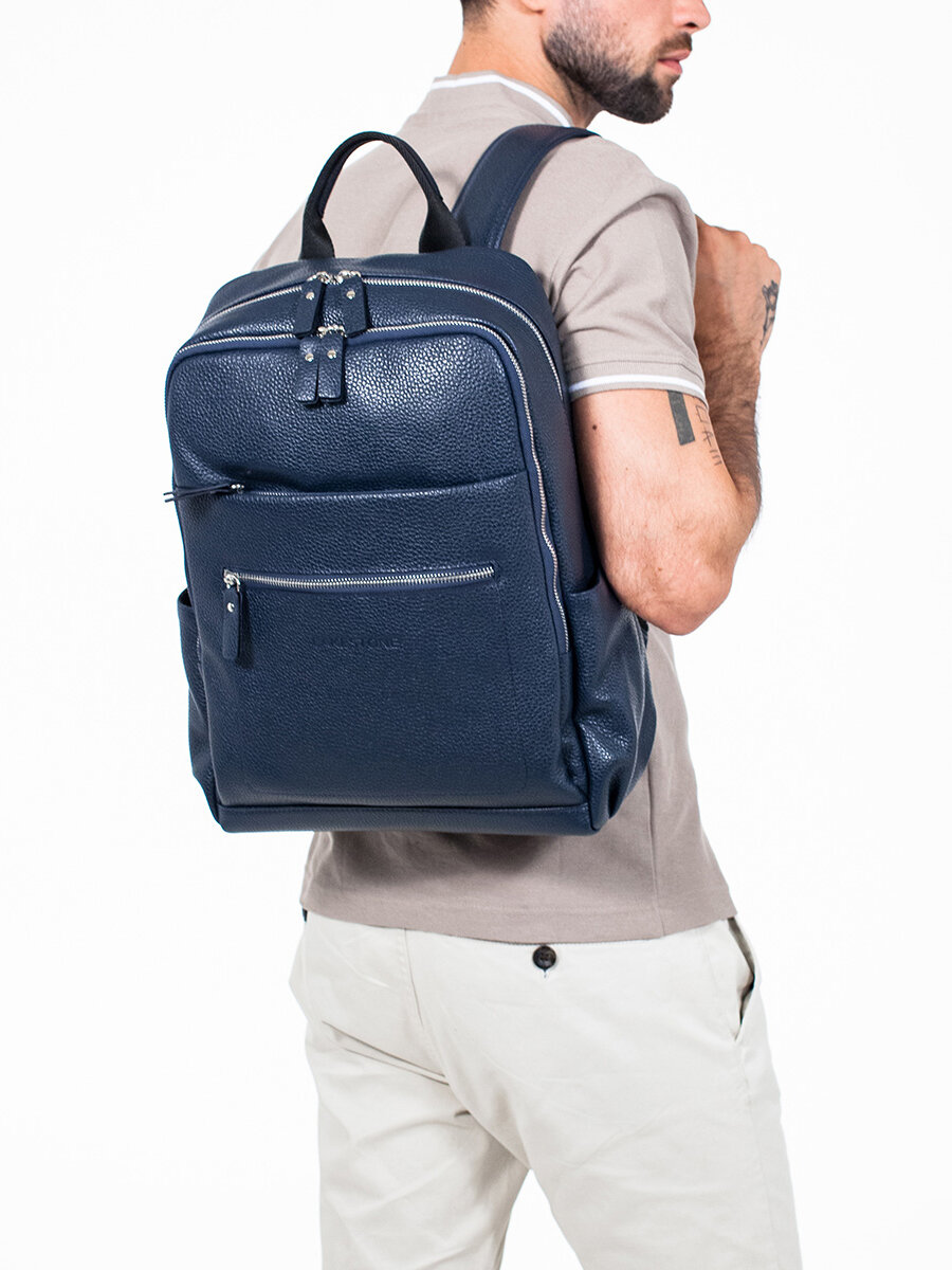 Рюкзак LAKESTONE Goslet Dark Blue, мужской, натуральная кожа, синий, отделение для ноутбука, боковой карман — фото 1