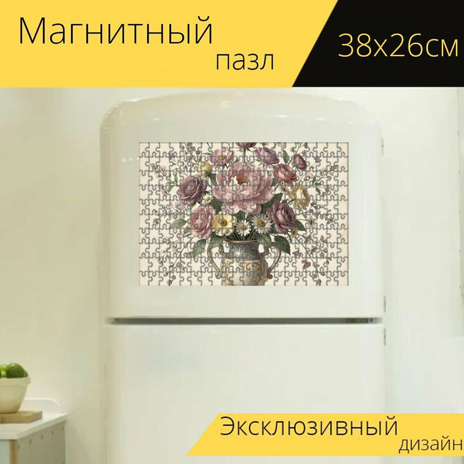 Магнитный пазл "Букет пастельных цветов в вазе. Изящная цветочная композиция в винтажной керамике: пышные бутоны, ромашки и полевые веточки в нежных." для интерьера, 38х26 см.