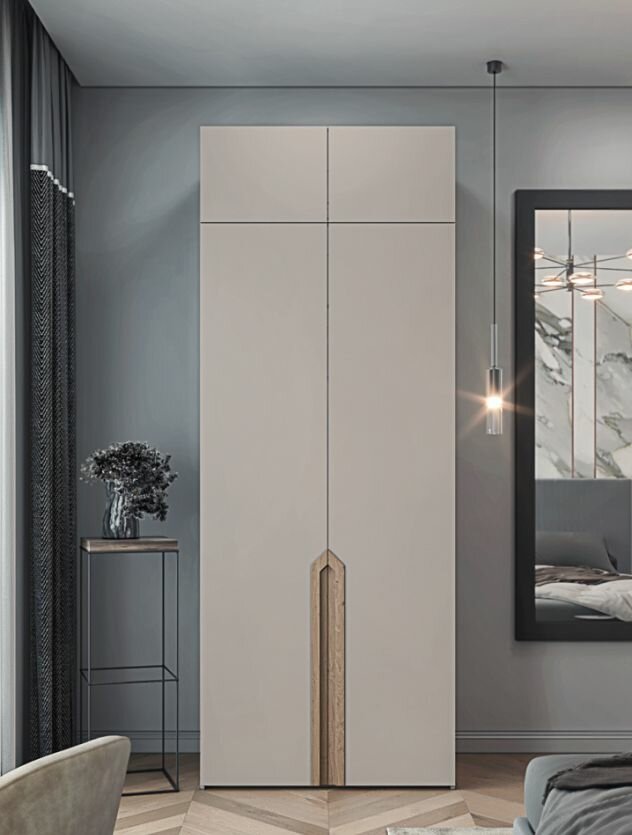 Casa Mia 60x50x260 см. Дизайнерский шкаф для одежды узкий распашной с антресолью, 2-дверный, кашемир, ручка из массива дуба