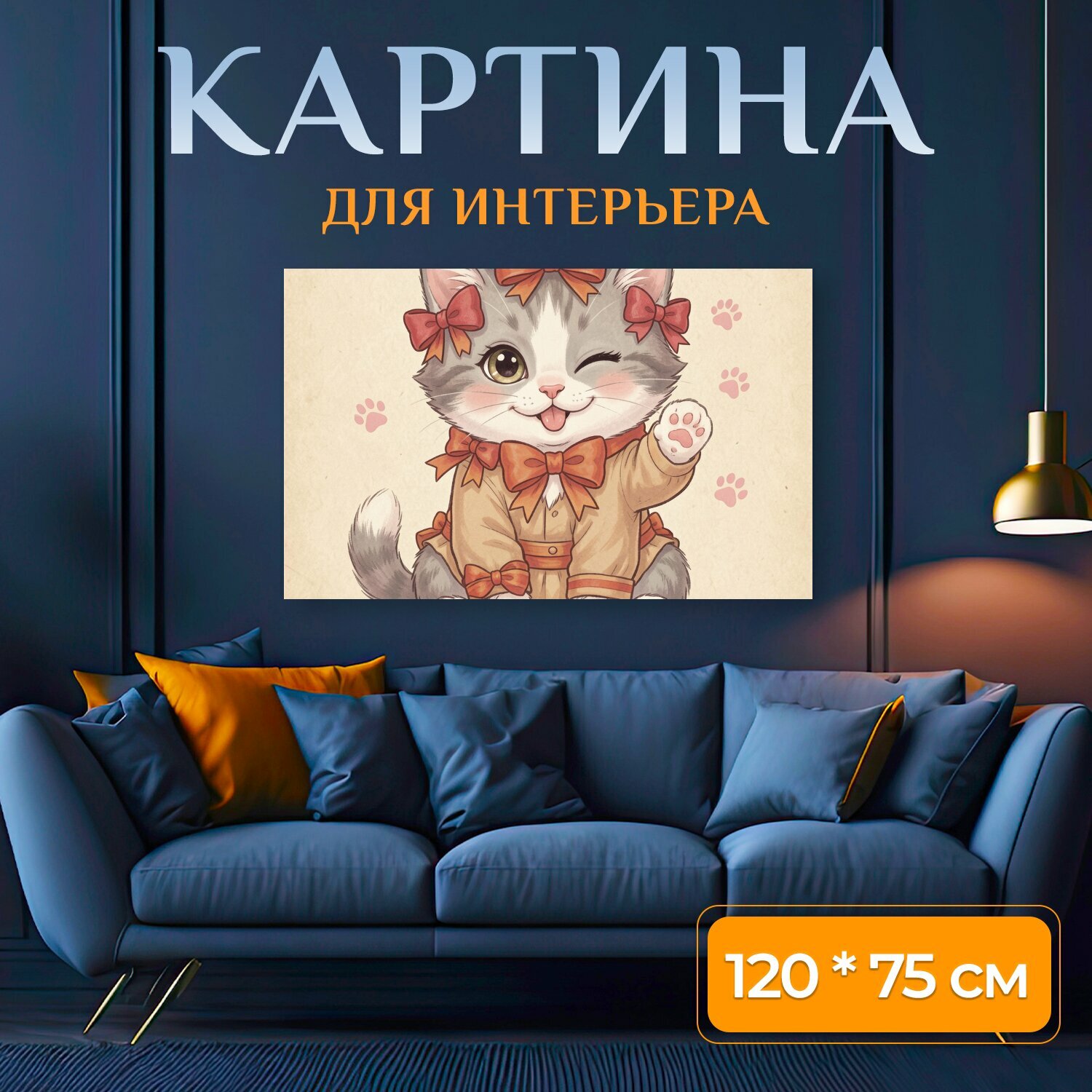 Картина на холсте "Милый котёнок с бантиками. Очаровательный рисованный котик в пастельных бежево-серых тонах, подмигивает и машет лапкой." на подрамнике 120х75 см. для интерьера