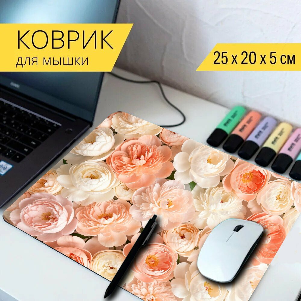 Коврик для мыши с принтом "Нежные цветы пастельных оттенков. Плотная композиция из распустившихся бутонов в кремовых, персиковых и розовых тонах, воздушная фактура." 25x20см.