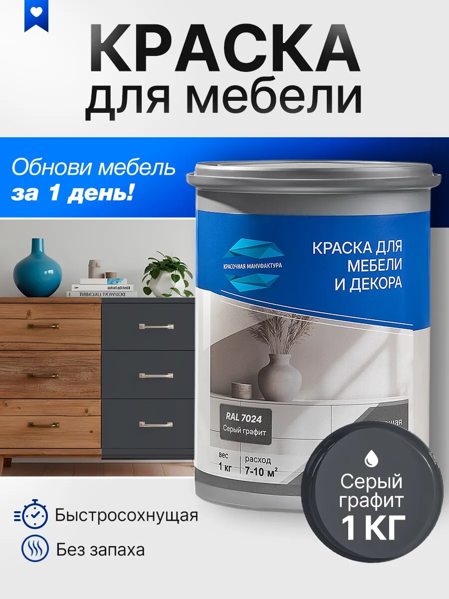 Краска для мебели графит без запаха быстросохнущая, глянцевая