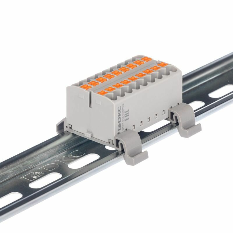 Блок распределительный с горизонт. адаптером на рейку шир. 35мм зажим push-in 18 точек подключения 2.5кв. мм сер. DKC DTP1-018-04SPUG-H