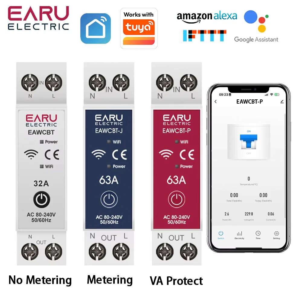 Автомат защиты цепи Wi-Fi Tuya 1P+N 16A Metering