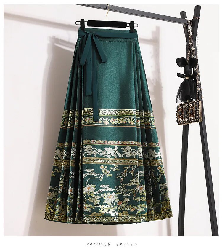 Ханьфу женская юбка с принтом лошади полиэстер Темно-зеленый, М, only Skirt