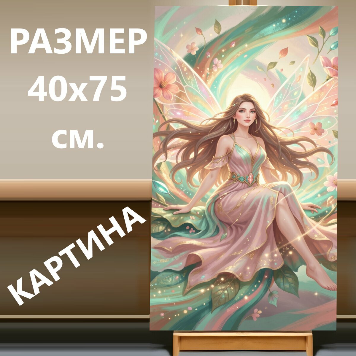 Картина на холсте "Волшебная фея среди цветов. Сказочная девушка с прозрачными крыльями в нежном розово-мятном платье, окружённая цветами." на подрамнике 75х40 см. для интерьера