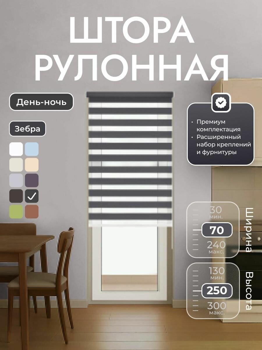 Рулонные шторы 70х250 см день/ночь (зебра), Черный, комплектация Mini