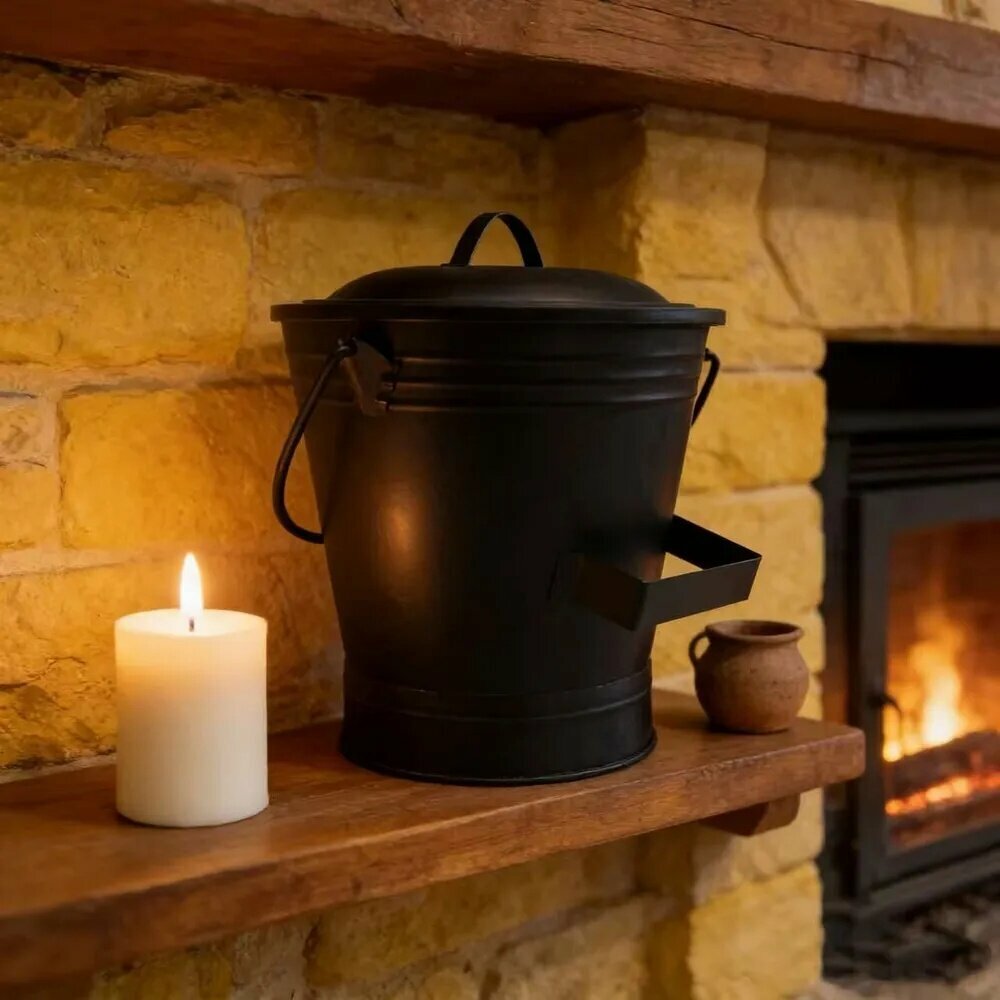 Металлическое ведро с крышкой для золы и угля