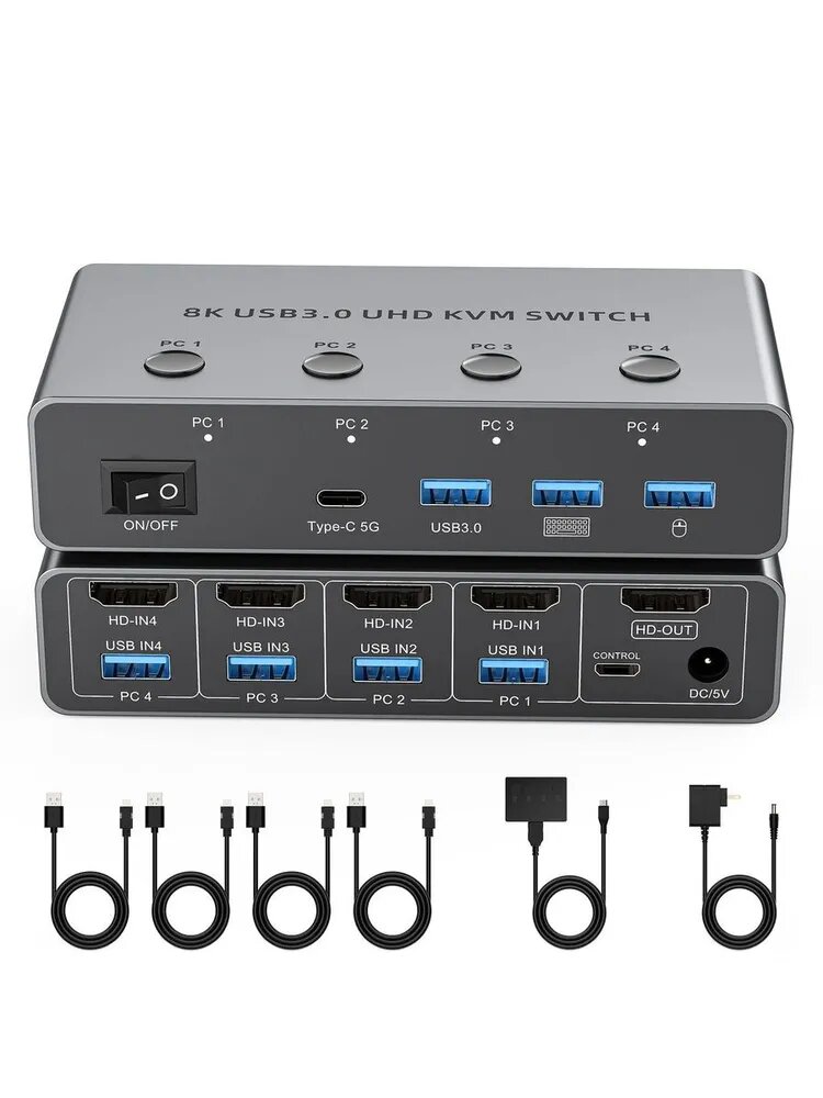 KVM-переключатель HDMI, 1 монитора 4 компьютера 8K@60Hz 4xUSB 3.0 с пультом дистанционного управления и адаптером питания