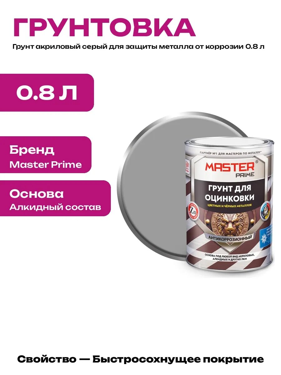 Грунт по металлу серый для оцинковки и черных металлов 0.8 л