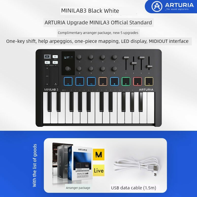 Arturia Minilab3 25-Клавишная USB-C MIDI Клавиатура с Пакетом Программ для Музыки, Черно-Белая Ограниченная Версия