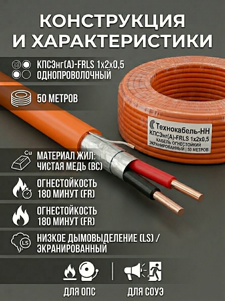 Кабель кпсэнг(А)-FRLS 1*2*0,5 Технокабель-НН для ОПС и СОУЭ, экранированный, нг(А) FRLS, 50 м