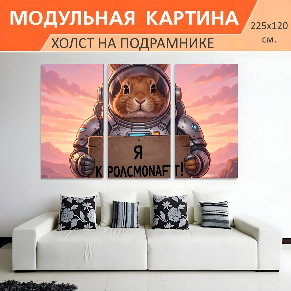 Модульная картина на холсте "Рыжий кролик в скафандре, держащий табличку с надписью 'Я кролсмонафт!', на фоне розового заката" триптих на подрамнике 225х120 см. для интерьера