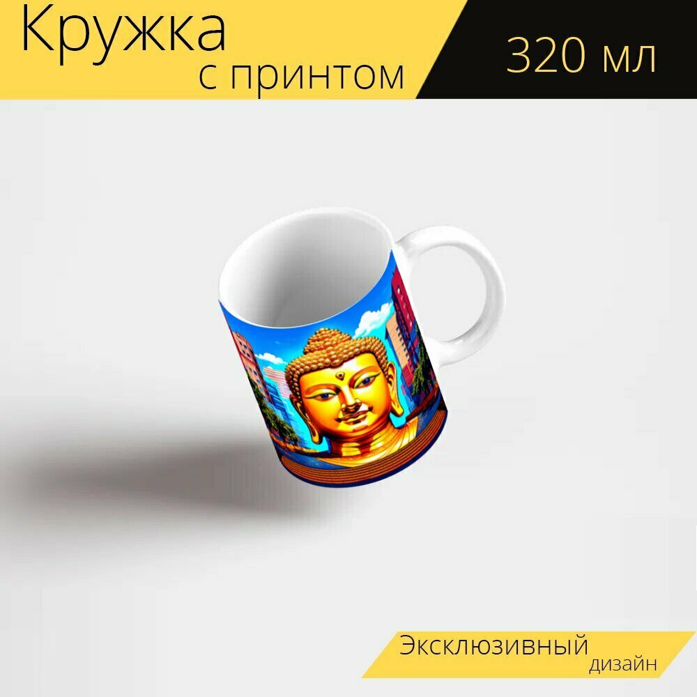 Кружка с рисунком, принтом "Гигантская лицо Будды на фоне современного городского пейзажа с яркими цветами и абстрактными узорами, смешение традиционной и современной." 320 мл.