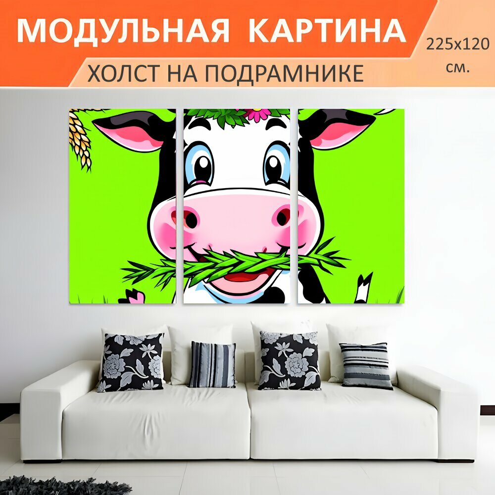 Модульная картина на холсте "Мультяшная корова с черно-белыми пятнами, улыбающаяся и держащая в пасти траву. На голове у неё венок из." триптих на подрамнике 225х120 см. для интерьера
