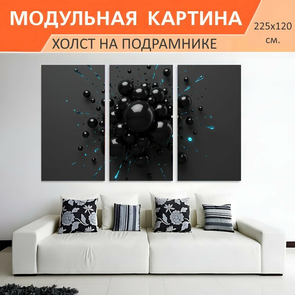 Модульная картина на холсте "Абстрактные черные сферы с неоном. 3D абстракция с глянцевыми черными шарами и яркими бирюзовыми." триптих на подрамнике 225х120 см. для интерьера