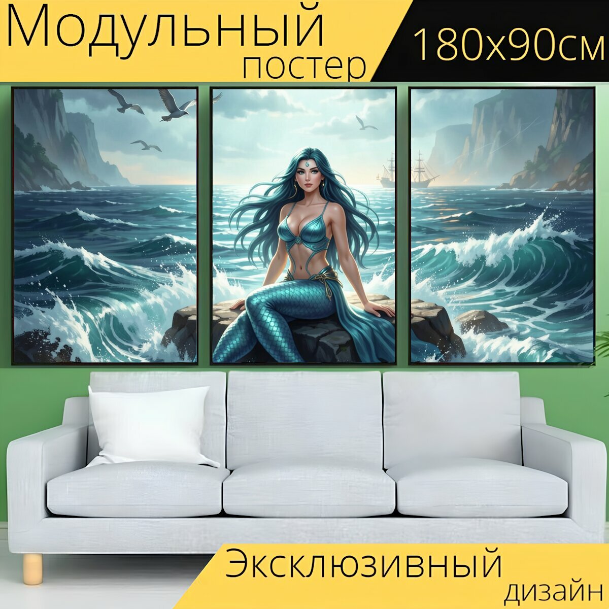 Модульный постер "Русалка у бурного моря. Фэнтезийная морская сцена: девушка-русалка с длинными бирюзовыми волосами сидит на скале." 180 x 90 см. для интерьера на стену в тубусе