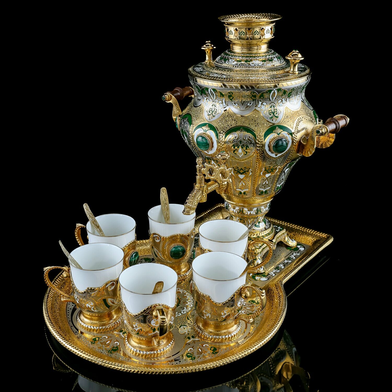 0074565/НБ Златоуст самовар 3Л В наборе на 6 персон, чашки , с кабошонами Малахит