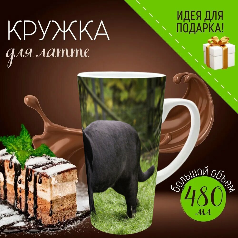 Кружка латте керамическая большая для чая и кофе с прикольным принтом "Пантера Прогулка по Черной Пантере черный пантера большой кот катамараны меланистика общественное." 500 мл.