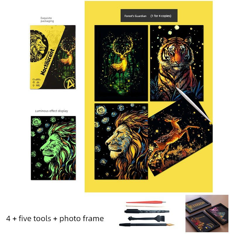 Светящаяся бумага для рисования Spirit of the Forest, 4 листа с эффектом ночного света, инструменты + 4 рамки для