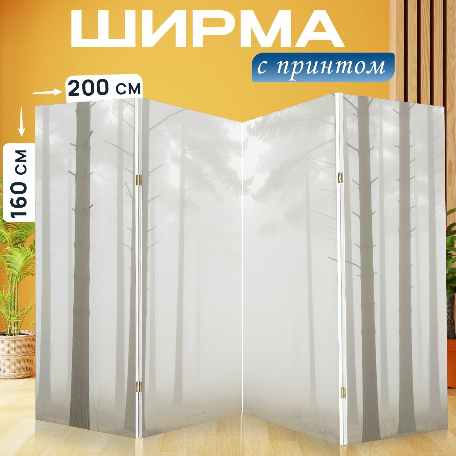 Ширма "Туманный сосновый лес. Светлый хвойный бор в густом тумане, высокие прямые стволы и мягкая дымка." перегородка для зонирования комнаты с принтом 200x160 см. на холсте