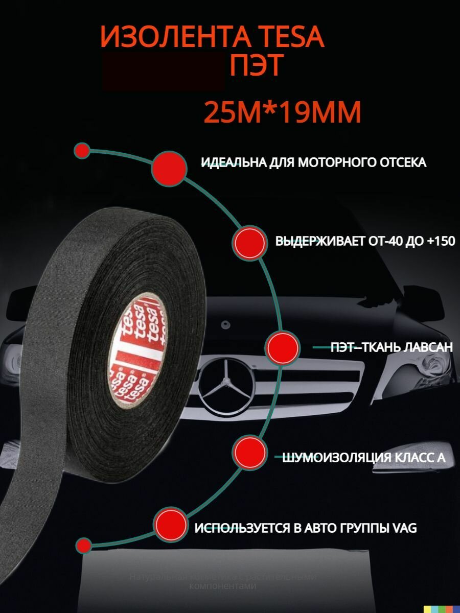 Tesa Изолента Теза 51026 / 36, 1 шт. 19 мм. 25 м. автомобильная черная тканевая термостойкая для жгутования, ПЭТ-ткань лавсан для проводов, обмотка
