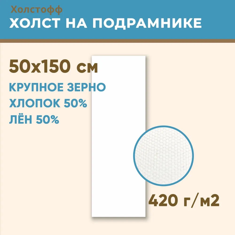 Холст грунтованный на подрамнике 50х150 см, 420 г/м2, лен 50%, хлопок 50%, крупное зерно, Холстофф
