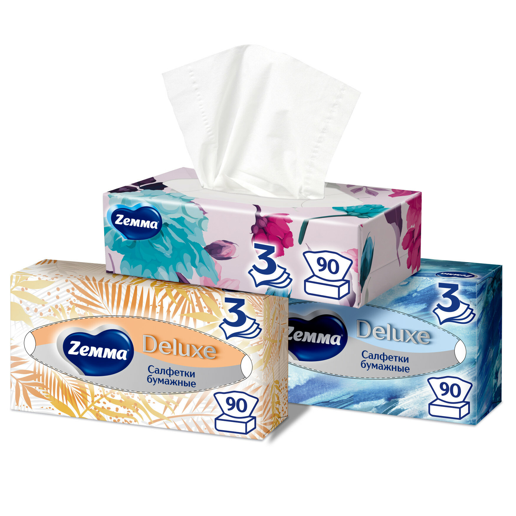 Салфетки Бумажные в коробке Zemma Deluxe Design, 3 слоя, Набор 3Х90 шт