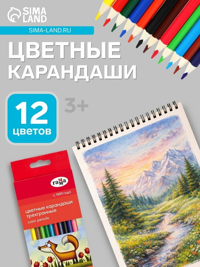 Карандаши цветные 12 цветов «Гамма. Мультики», трёхгранные, заточенные, картонная упаковка, (290122_12)