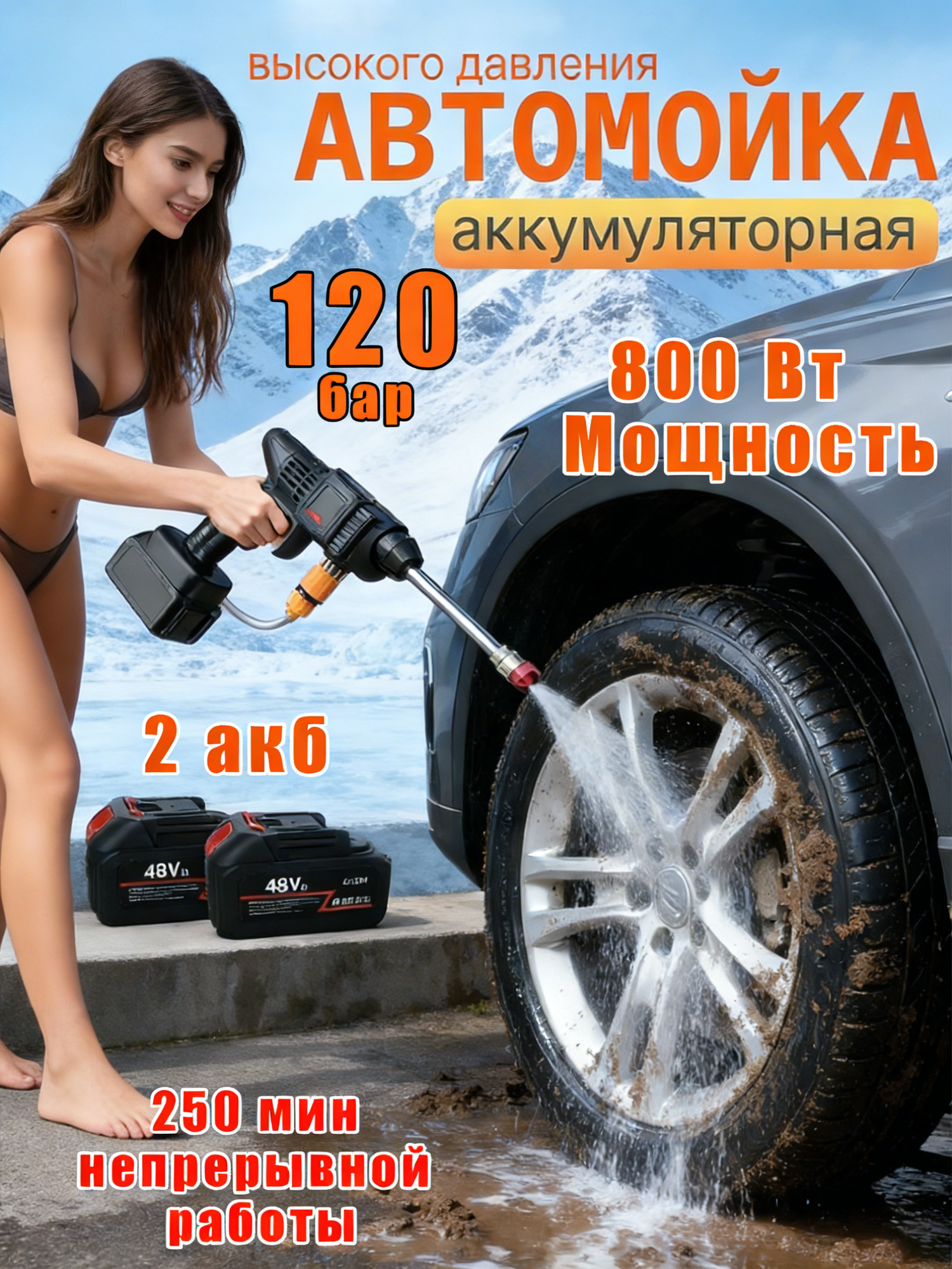 Аккумуляторная автомойка , высокого давления , для автомобиля в кейсе, 2 аккумулятора, минимойка с пенообразователем