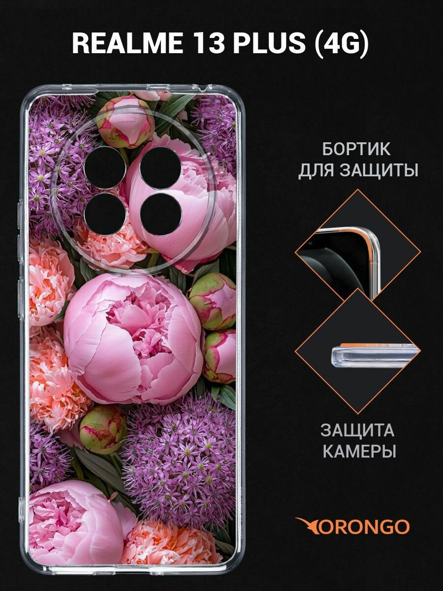 Чехол на Realme 13 Plus 4G прозрачный с рисунком, с защитой камеры, с принтом бутоны розовые / Реалми 13 Плюс