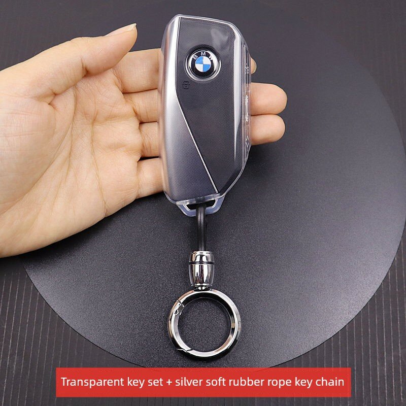 BMW iX1 2023-2026 Ультратонкий чехол для ключей с серебряным мягким резиновым шнуром и прозрачным