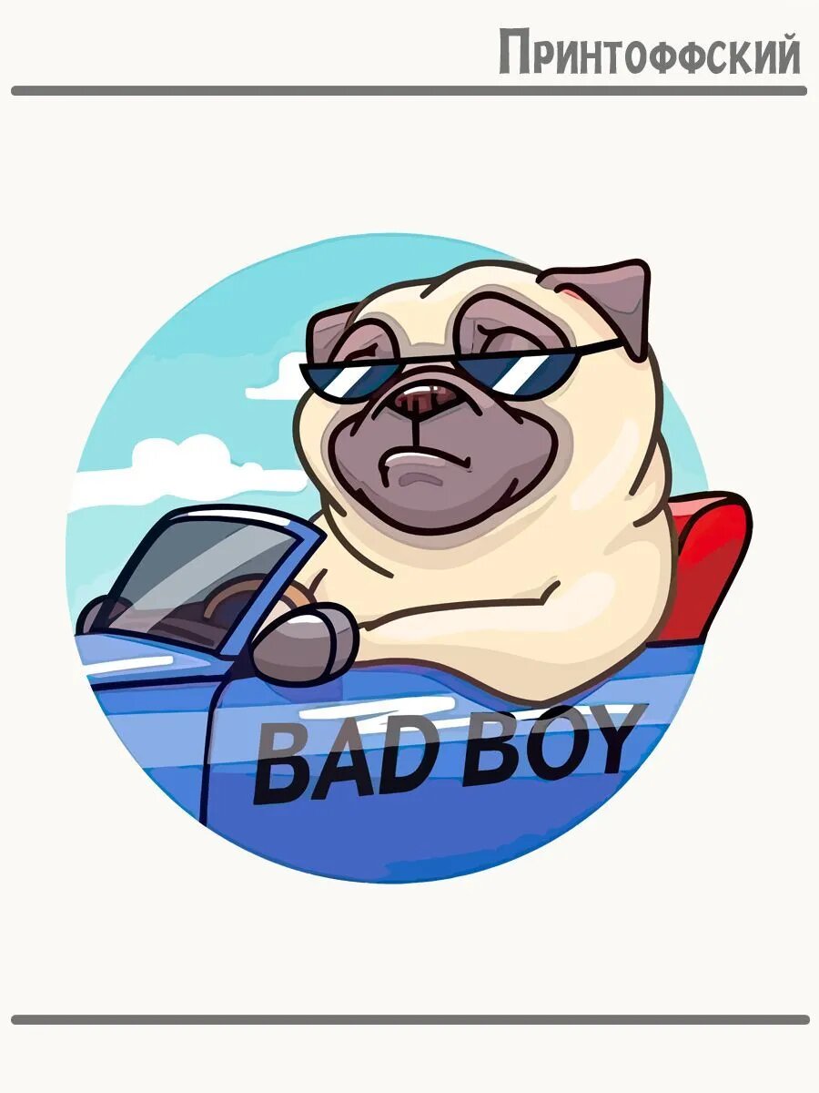Термонаклейка для одежды и аксессуаров DTF-печать с надписью bad boy мопс