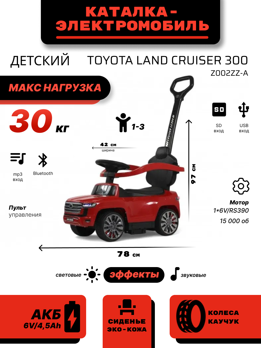 Детский толокар с мотором и пультом д. у. Toyota Land Cruiser 300 Z002ZZ-A красный